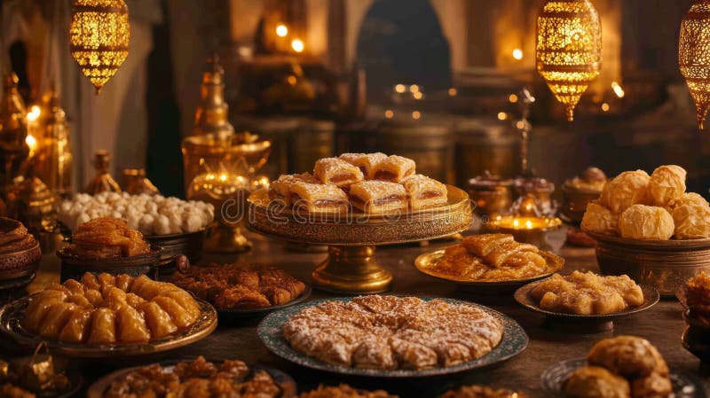 Assortment of Middle Eastern Sweets on a Golden Table Under Candlelight ...