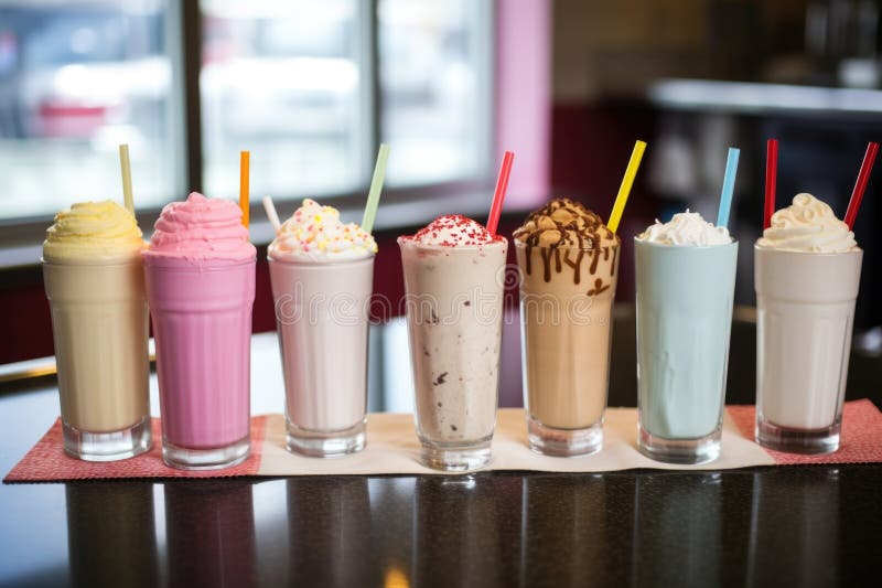 An Assortment of Milkshakes on a Diner Countertop Stock Image - Image ...
