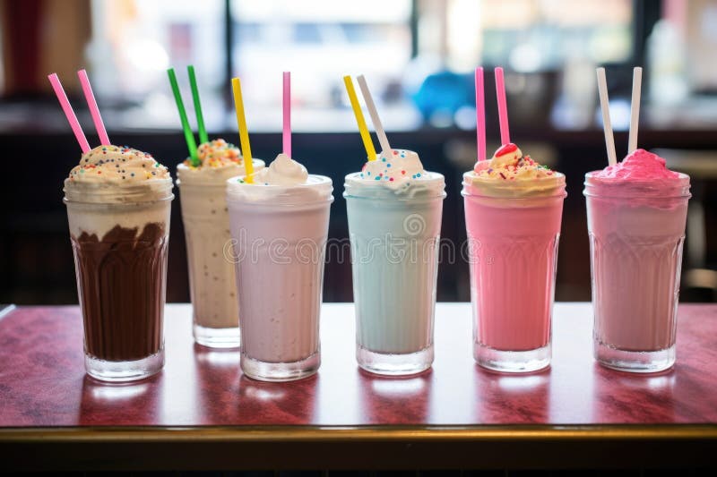 An Assortment of Milkshakes on a Diner Countertop Stock Image - Image ...