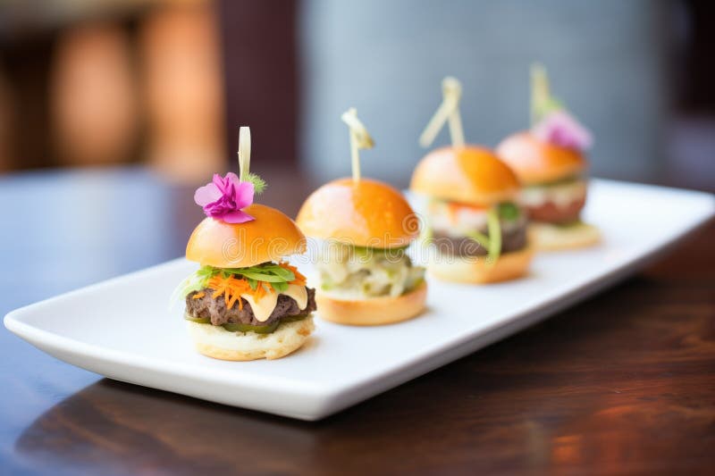 Assortment of Mini Beef Sliders, Each with Different Cheese Stock ...