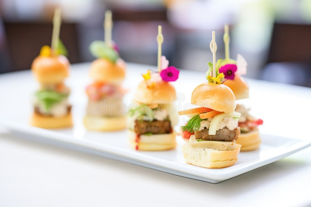 Assortment of Mini Beef Sliders, Each with Different Cheese Stock Photo ...