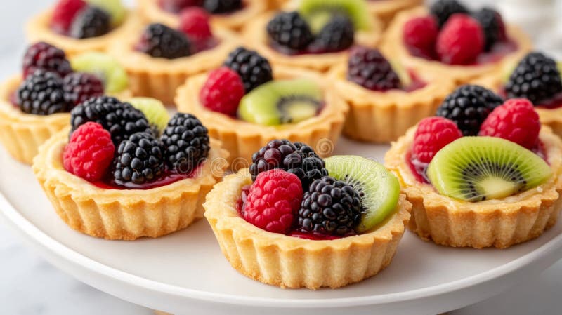 Assortment of Mini Fruit Tarts on a White Plate Stock Illustration ...