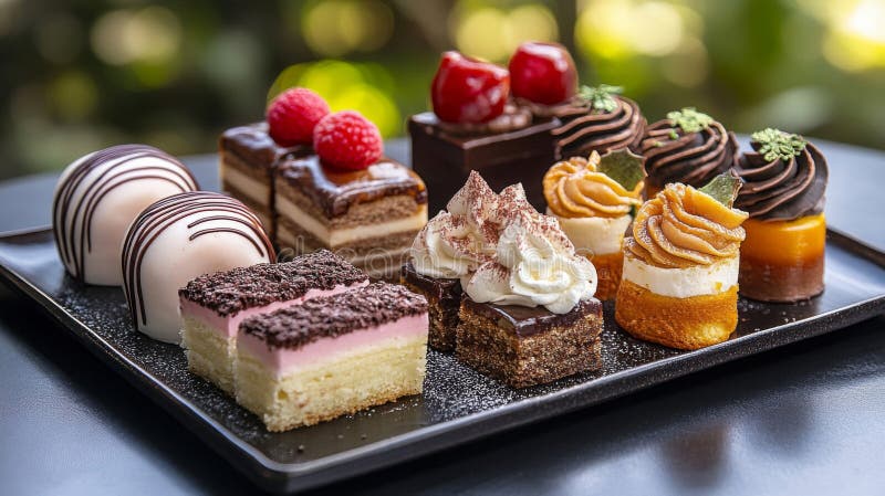 Assortment of Mini Pastries on Dark Plate Stock Illustration ...