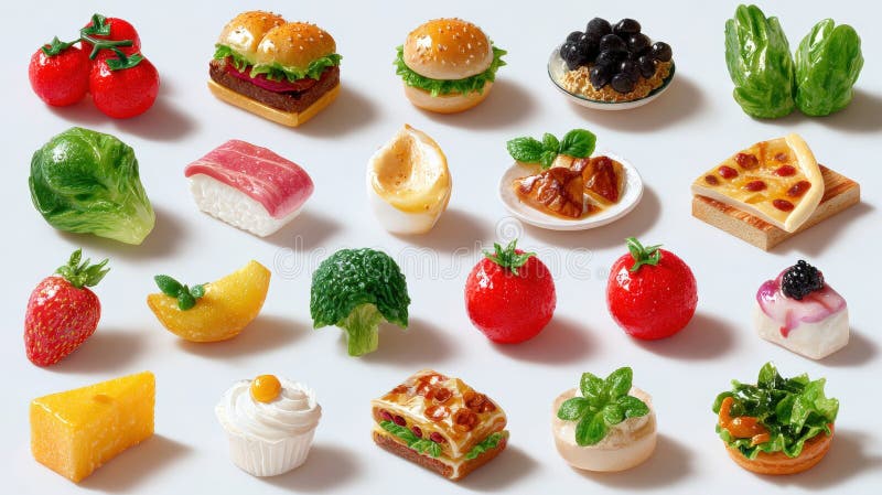 An Assortment of Miniature Food Models, Including Vegetables, Desserts ...