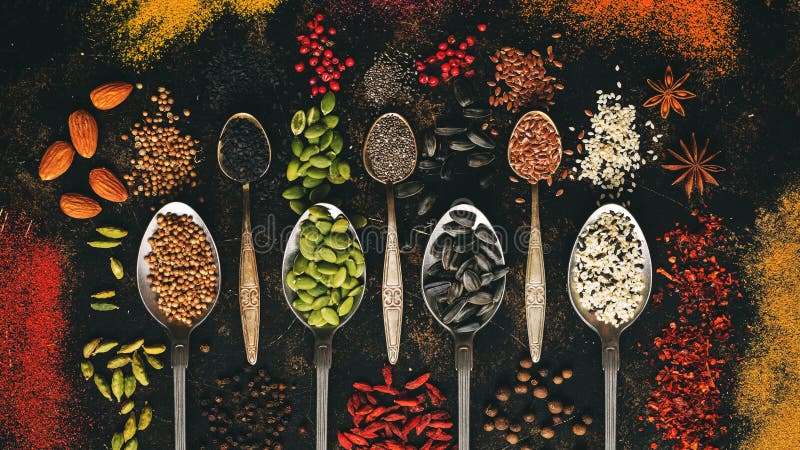 Assortment of Multi-colored Spices, Seeds, Nuts in Spoons and on a Dark ...