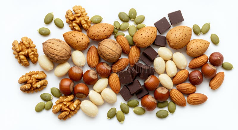 Assortment of Nuts and Chocolate Pieces on a White Surface Stock ...