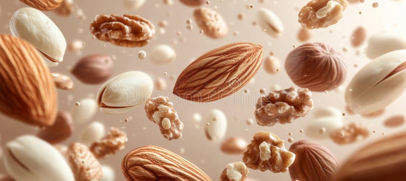 Assortment of Nuts Falling or Flying, Creating a Dynamic Healthy Snack ...