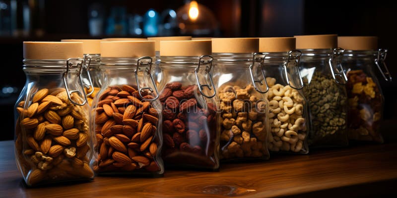 Assortment of Nuts in Glass Jars on the Shop Shelf Stock Illustration ...