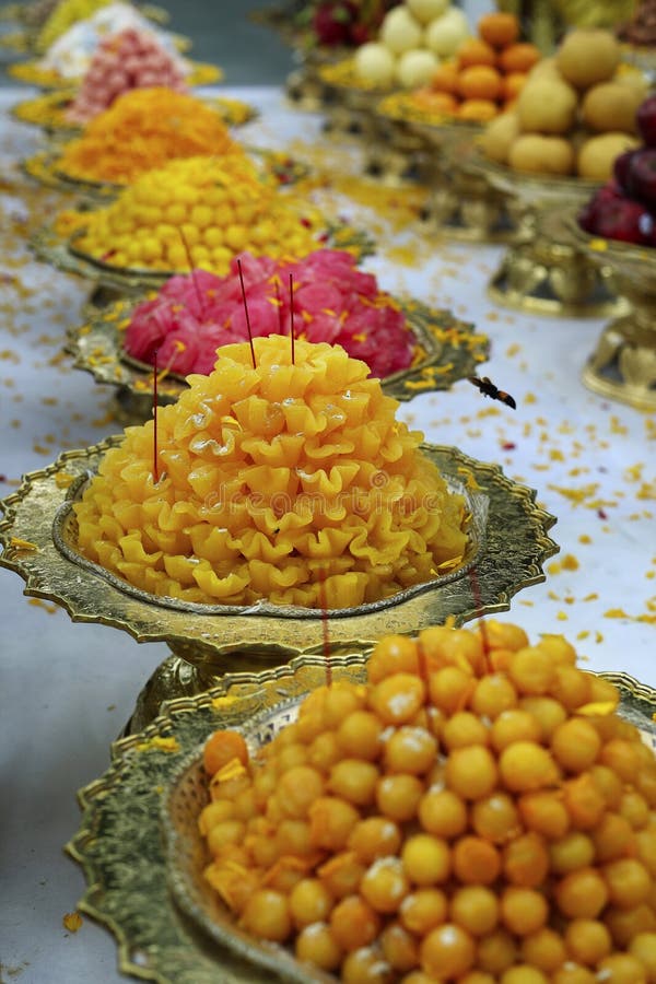 Assortment of Offering during Ceremony in Buddhist Temple Stock Photo ...