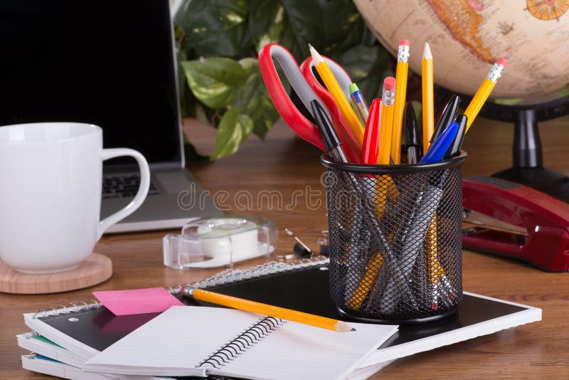 Assortment of Office Supplies on a Desktop Stock Image - Image of ...