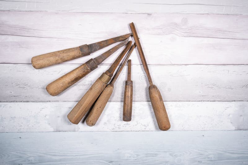 Assortment Old Wood Chisels Background Boards Top View Stock Photos ...