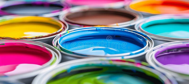 Assortment of Open Paint Cans Displaying Various Colors on a Lively and ...