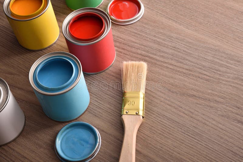 Assortment of Open Paint Pots and Brush Background Stock Image - Image ...
