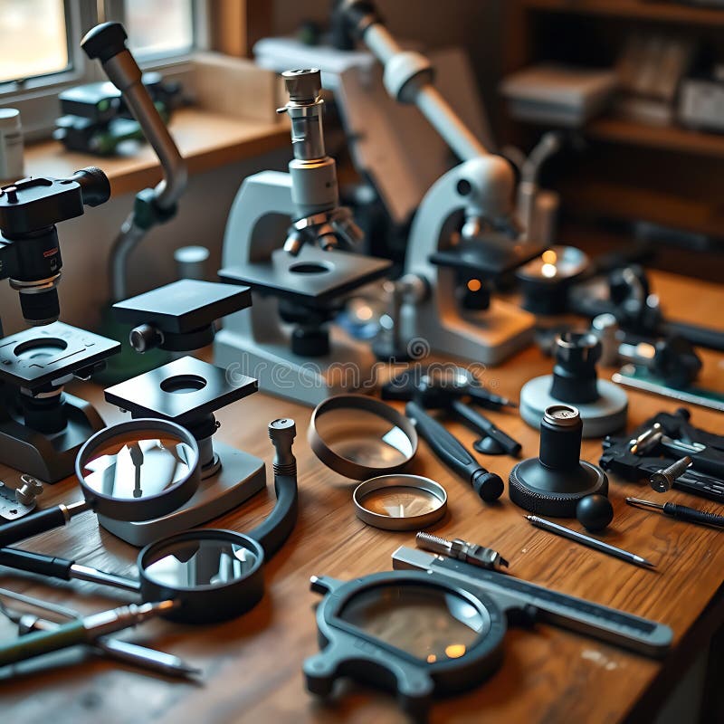 An Assortment of Optical Tools Including Magnifying Glasses Microscopes ...