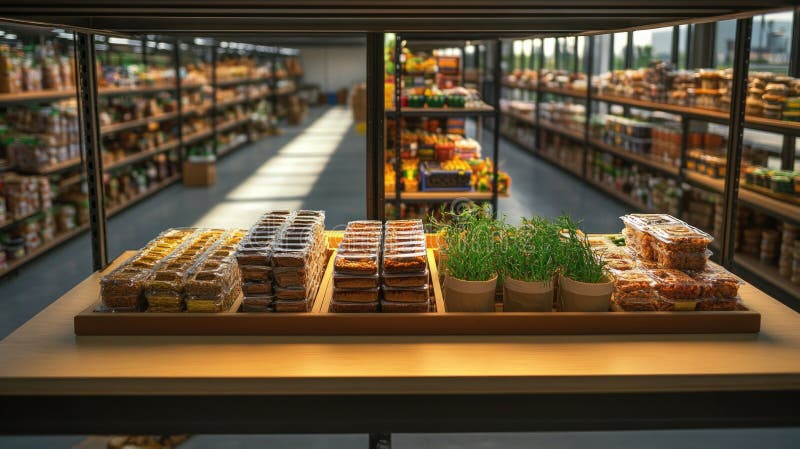Assortment of Packaged Snacks and Fresh Herbs in a Grocery Aisle Stock ...