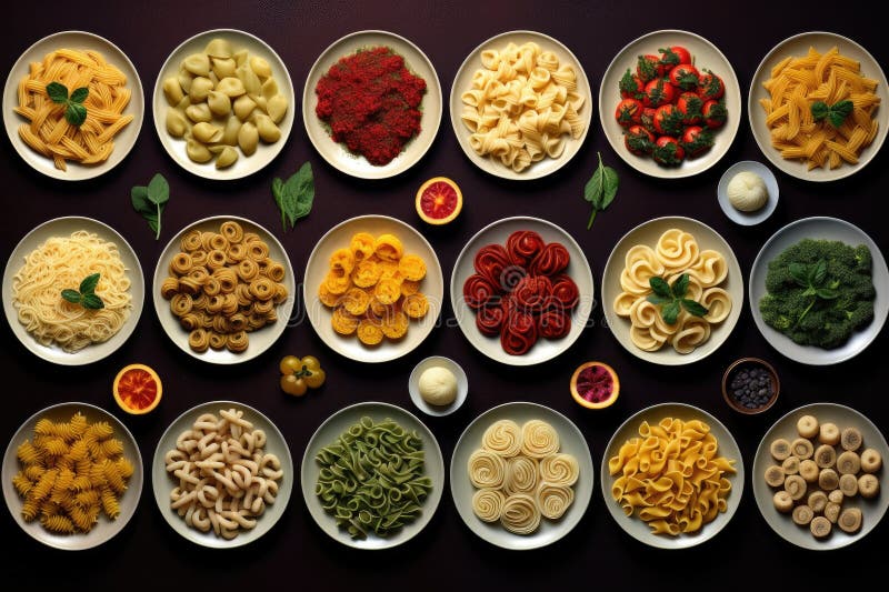 Eighteen Types of Multi-colored Pasta on a Black Background. Stock ...