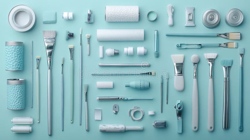 Assortment of Pastel-toned Painting Tools and Supplies Arranged in a ...
