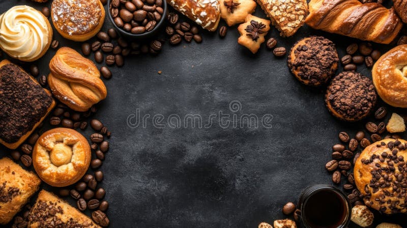 Assortment of Pastries and Coffee Beans on Dark Background Stock ...