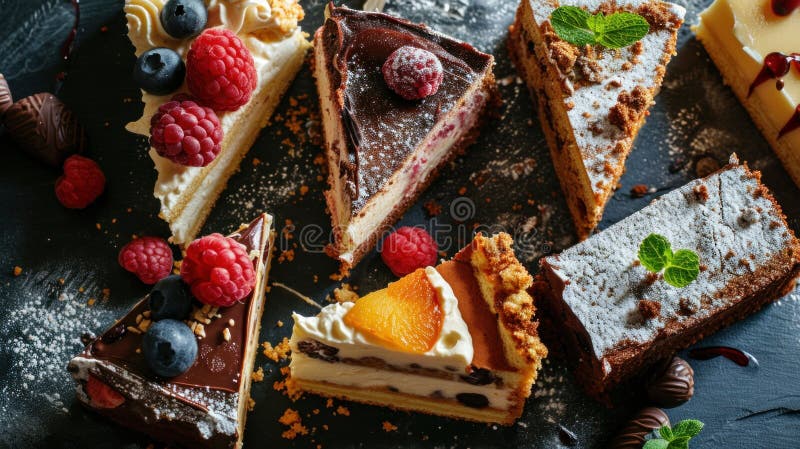 Assortment of Pieces of Cake on Messy Table Stock Illustration ...