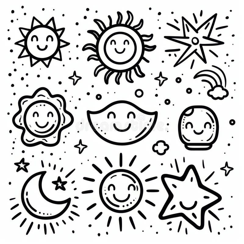 Assortment of Playful Celestial Bodies and Stars in Doodle Style ...