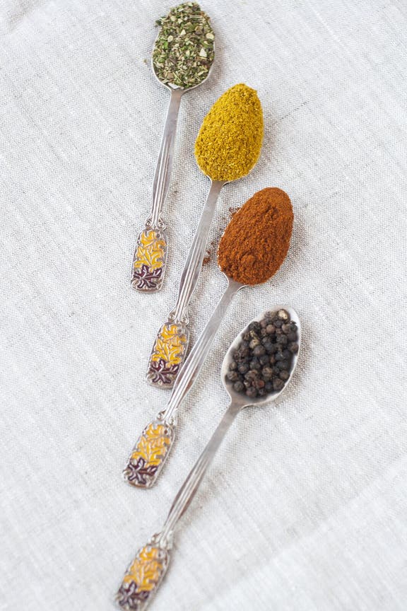 Assortment of Powder Spices on Spoons on a Background Stock Image ...
