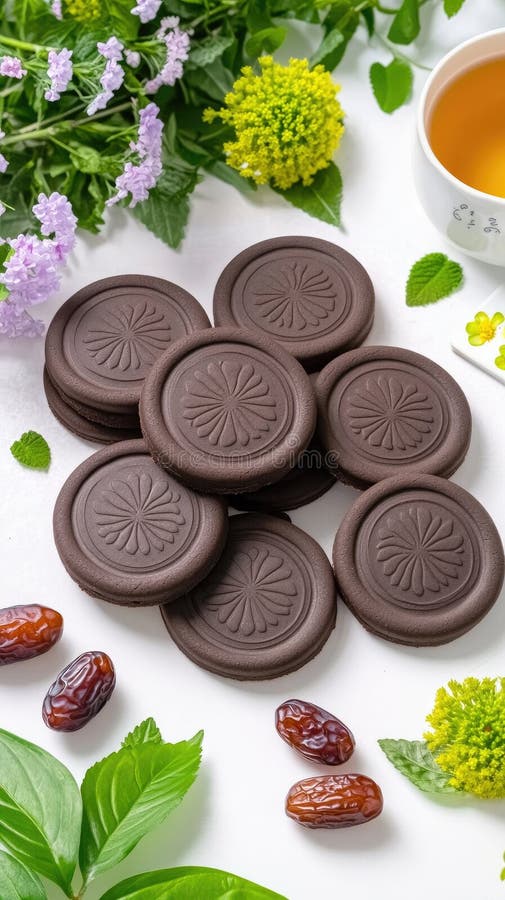 An Assortment of Ramadan Cookies, Dates, and Metallic Teacups Filled ...