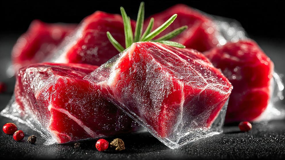 Assortment of Raw Beef Cuts Inside Transparent Plastic Vacuum Packaging ...
