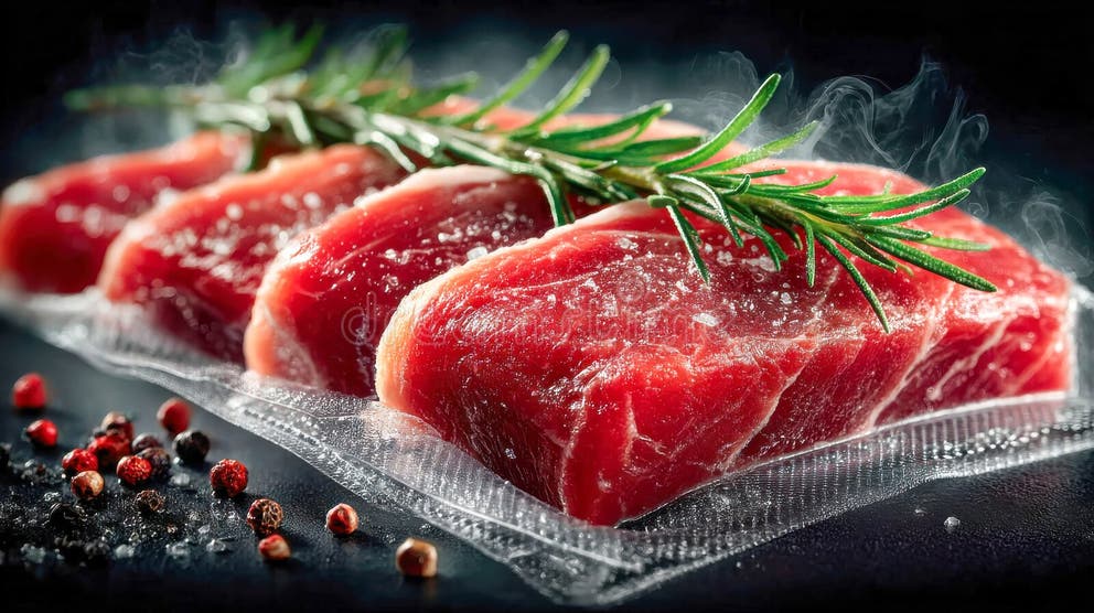 Assortment of Raw Beef Cuts Inside Transparent Plastic Vacuum Packaging ...
