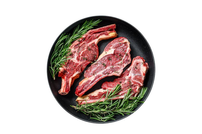 Assortment of Raw Cuts Beef Meat Steaks in a Pan. Isolated, White ...