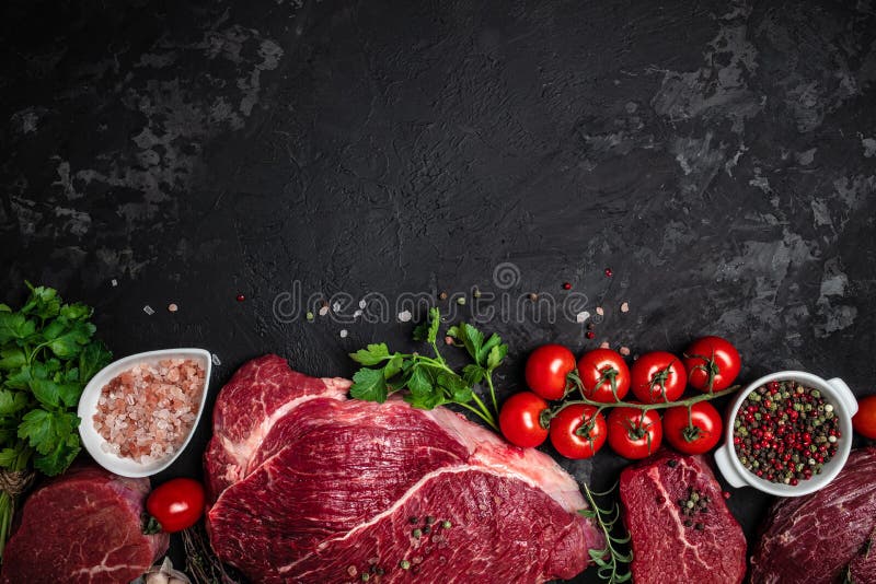 Raw Cuts of Raw Beef Meat Steaks on Dark Background, Banner, Menu ...