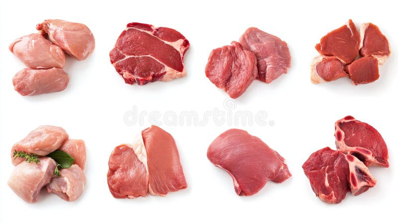 An Assortment of Raw Meat Cuts Displayed on White Background, Showing ...
