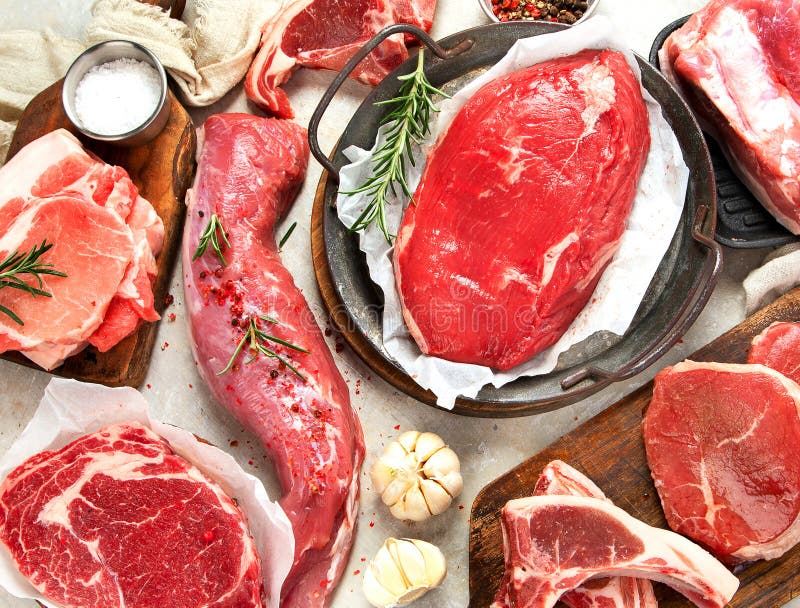 Assortment of raw meats stock image. Image of rosemary - 367472635