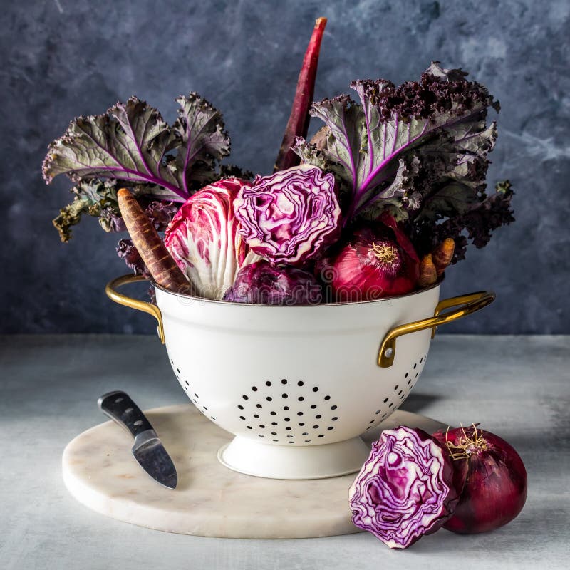 An Assortment of Red and Purple Vegetables in a Colander on a Marble ...