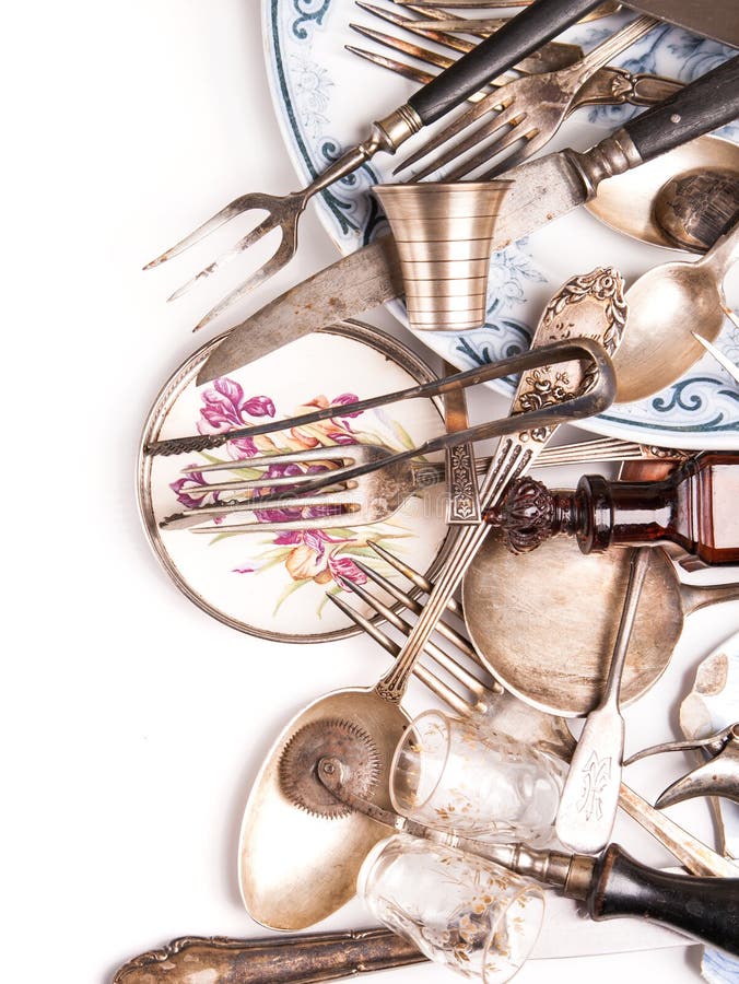 Assortment of Retro Silverware and Vintage Glass Stock Photo - Image of ...