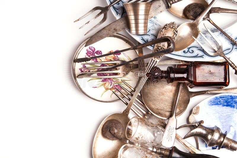 Assortment of Retro Silverware and Vintage Glass Stock Photo - Image of ...