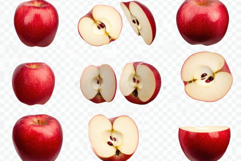 Assortment of Ripe Red Apples, Featuring Different Cuts Such As Whole ...