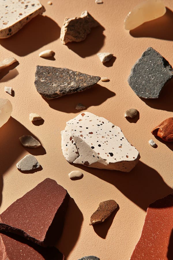 Assortment of Rocks and Stones Displayed on a Tan Surface Stock ...