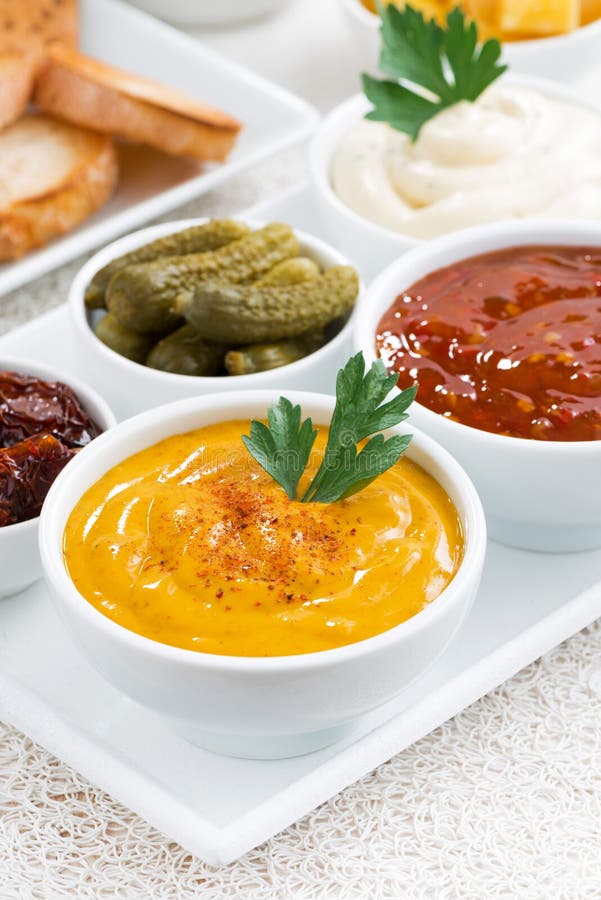 Assortment Sauces and Snacks, Vertical, Closeup Stock Image - Image of ...