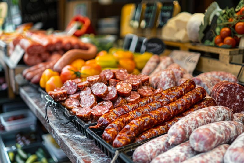 Assortment of Sausages in a Store on the Counter Stock Image - Image of ...
