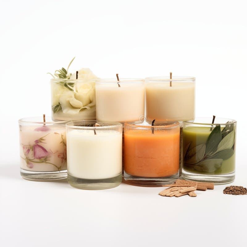 Assortment of Scented Candles in Glass Jars on White Background Stock ...