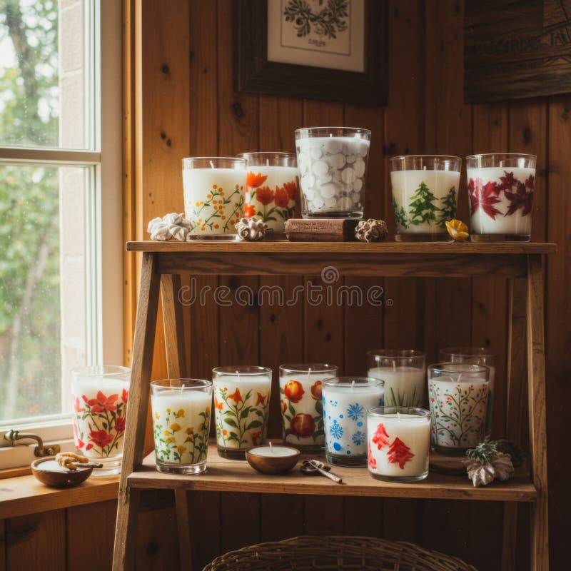 Assortment of Scented Candles on Wooden Shelf Stock Image - Image of ...