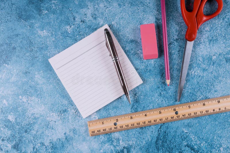 Assortment of School Supplies. Ruler, Scissors, Notepad Stock Photo ...