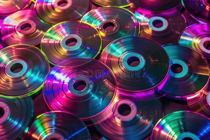 Assortment of Shiny Compact Discs Reflecting a Spectrum of Colors in a ...