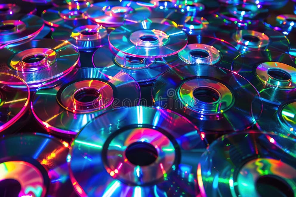 Assortment of Shiny Compact Discs Reflecting a Spectrum of Colors in a ...