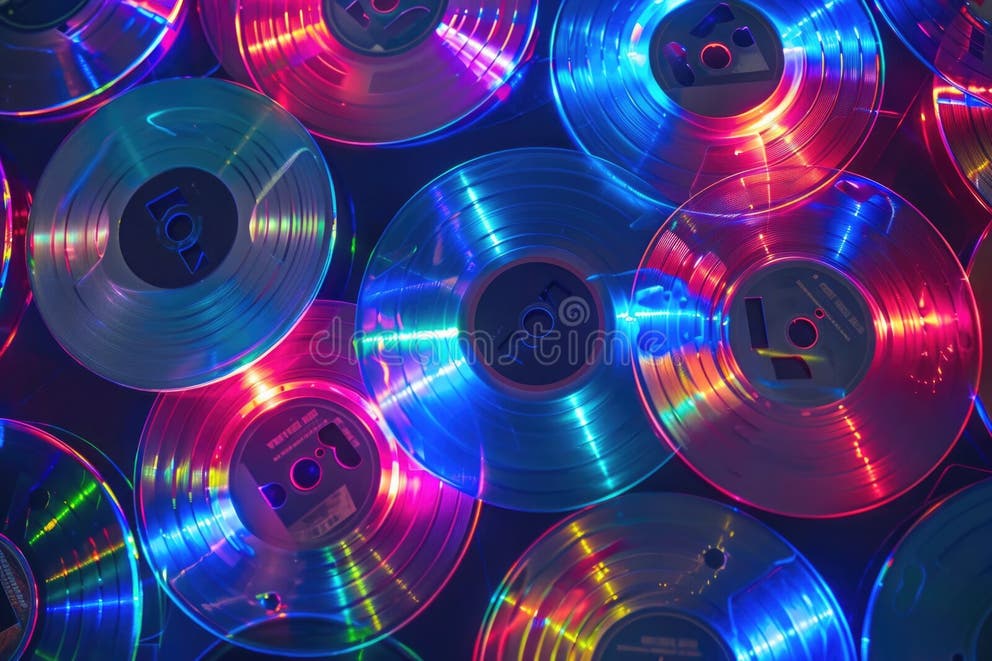 Assortment of Shiny Compact Discs Reflecting a Spectrum of Colors in a ...