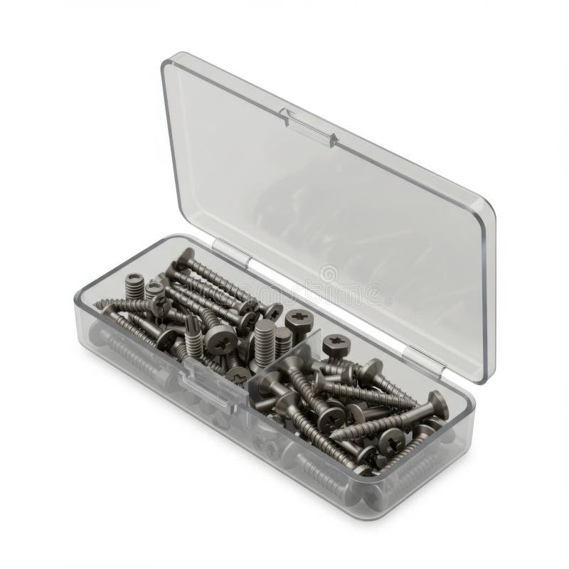 Assortment of Silver Screws in Clear Plastic Box Stock Illustration ...