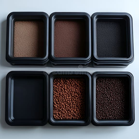 Assortment of Six Different Colored Granules in Black Containers Stock ...