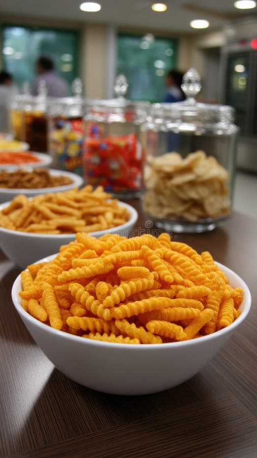 Assortment of Snacks Displayed in White Bowls and Glass Jars on Brown ...