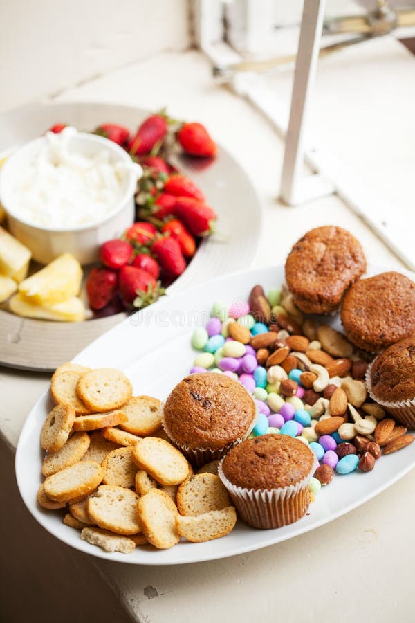 Assortment of Snacks Served on White Platters Stock Photo - Image of ...