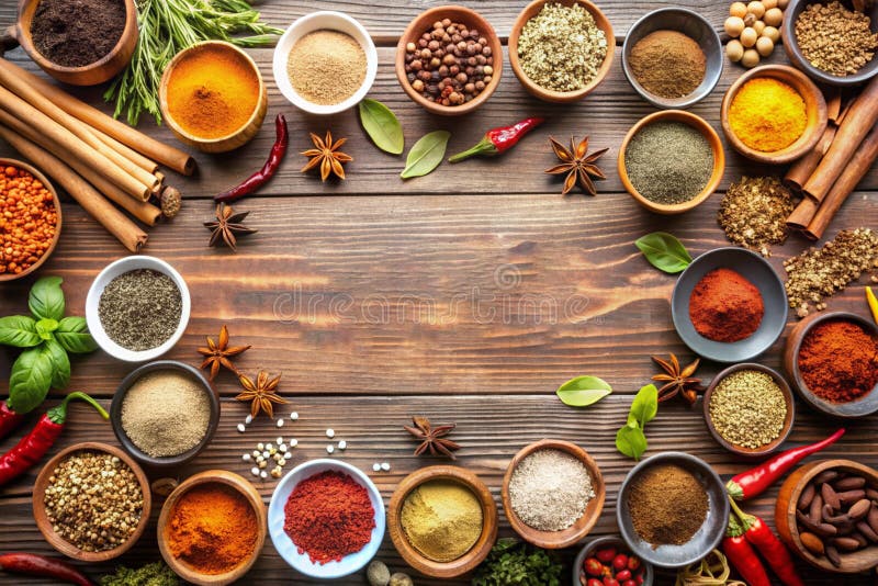 Assortment Spices Border Over Wood Background with Copy-Space Stock ...